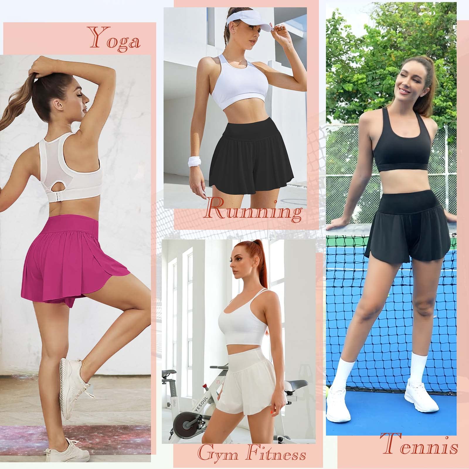 Womens 2 in 1 Flowy Butterfly Shorts with Pocket Running Athletic Workout Shorts Casual Tennis Skirts (High Waisted Pink, Medium)