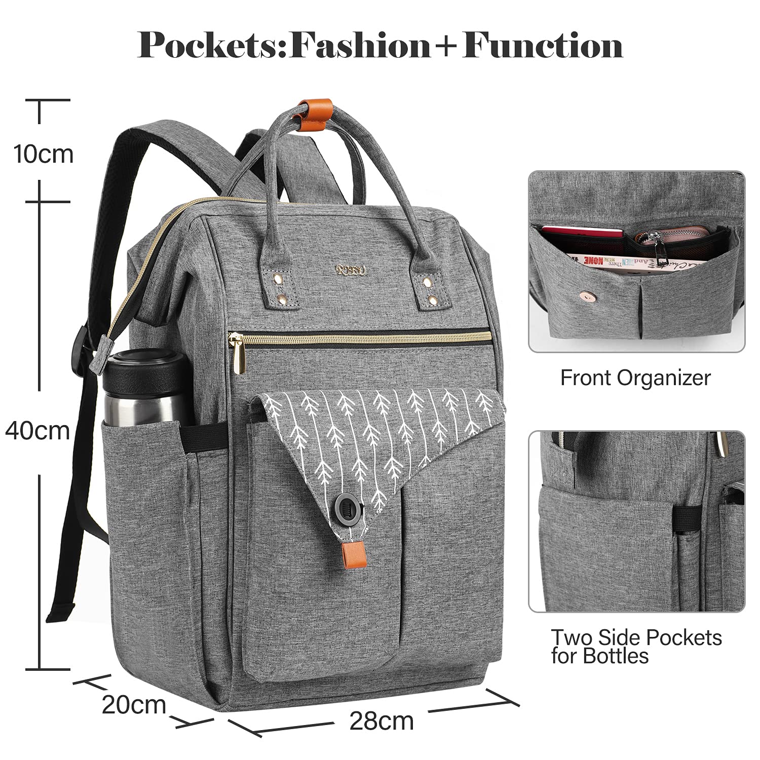 RJEU Laptop Backpack for Women, Travel School Backpack With USB Charging Port, Water Resistant Computer Bag Work Purse, Casual Daypack for Girls, Teacher Nurse Backpack, Gift for Women