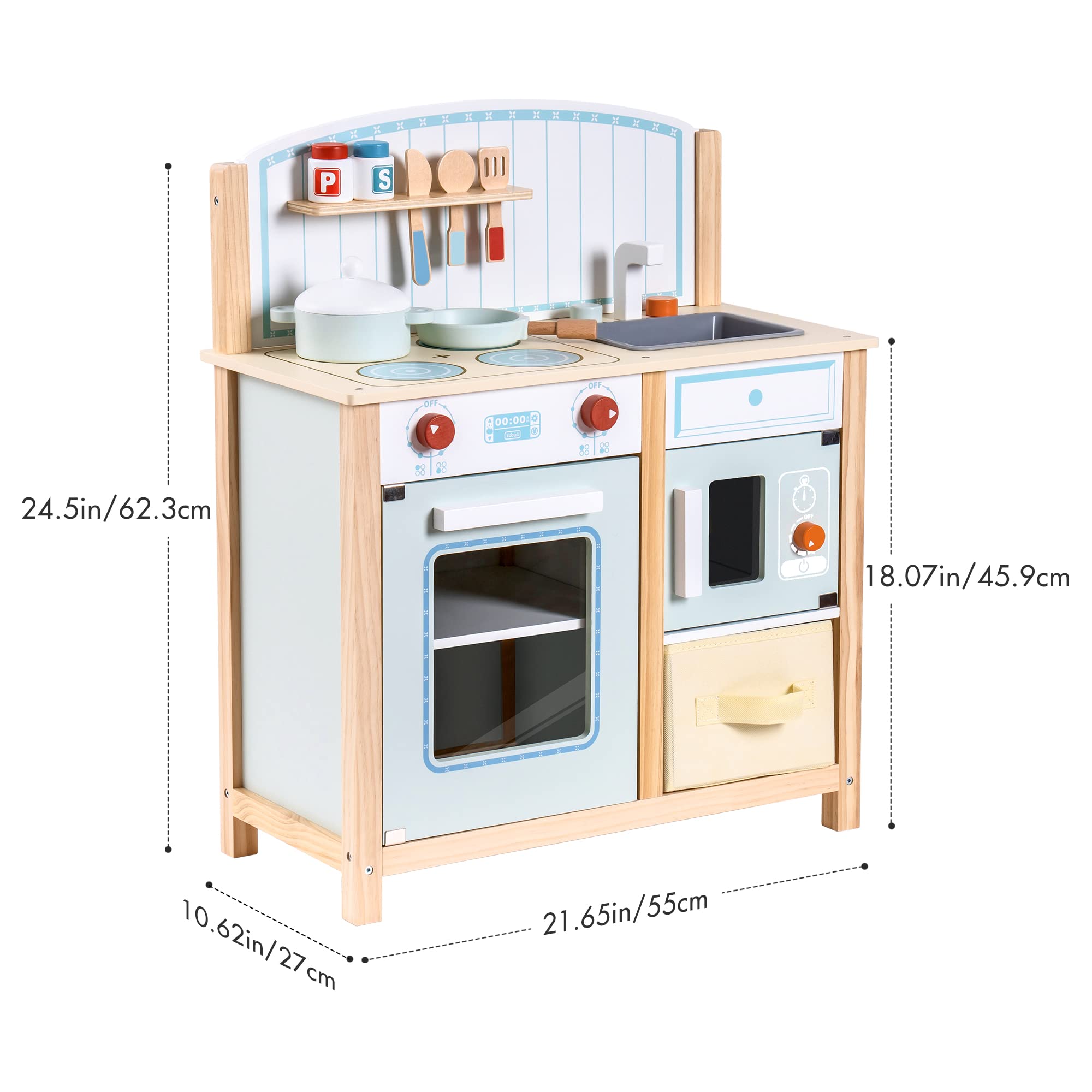 ROBOTIME Wooden Kitchen Playset for Toddlers Girls Kids Play Kitchen with Storage Bin,Pretend Play Toy Kitchen for Kids Ages 3+(Blue)