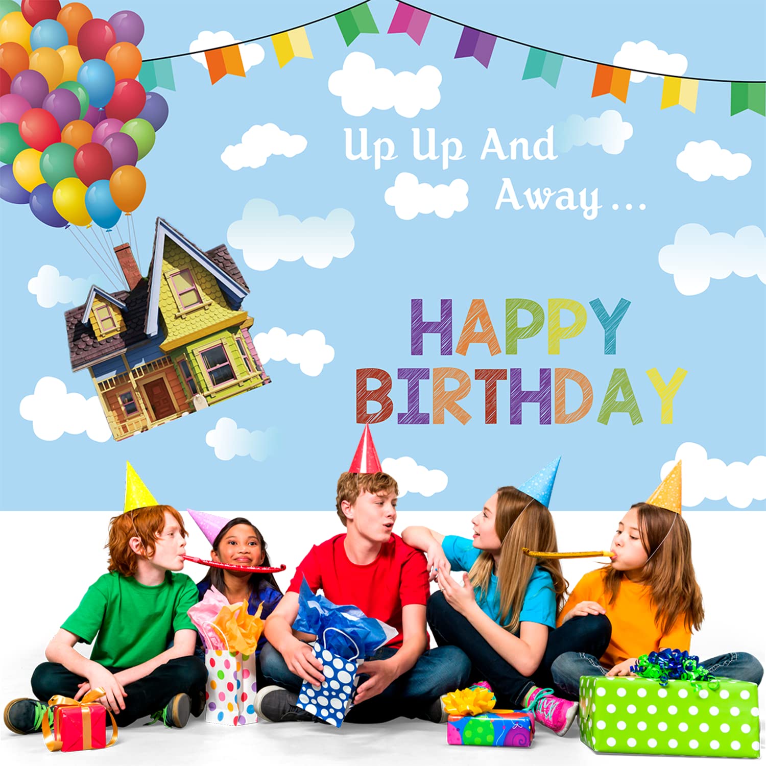 UP Happy Birthday Background Banner Blue Sky White Cloud Balloon Party Decoration Photography Background Banner 7x5 ft