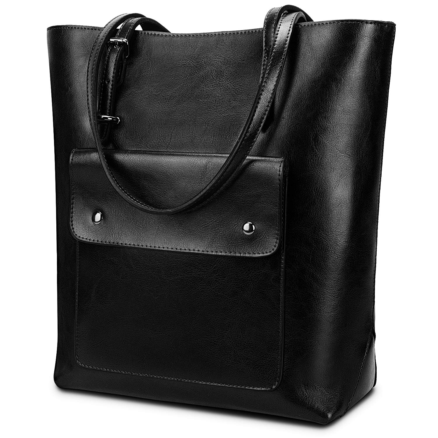 YALUXE Women's Front Pocket Vintage Style Soft Leather Work Tote Large Shoulder Bag Black