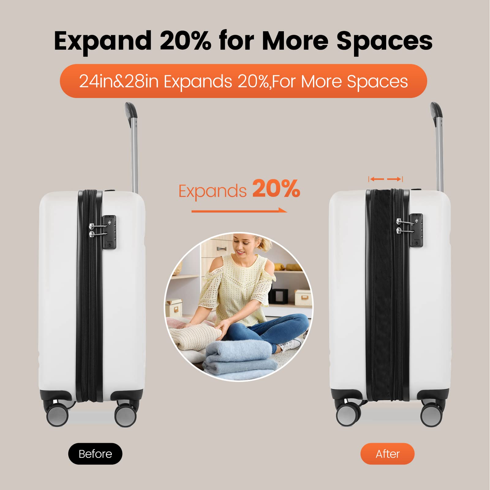 PRIMICIA GinzaTravel 2-Piece Luggage Sets Expandable Suitcases with 4 Wheels PC+ABS Durable Hardside Luggage sets TSA lock (White, 2-Piece Set(20"/29"))