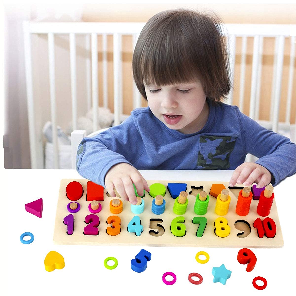 Sendida Montessori Math Shapes Puzzle Toys - Toddlers Stacking Wood Blocks Number Toys Stacking Shape Sorting Toys Early Learning Toys for Kids Preschool Counting
