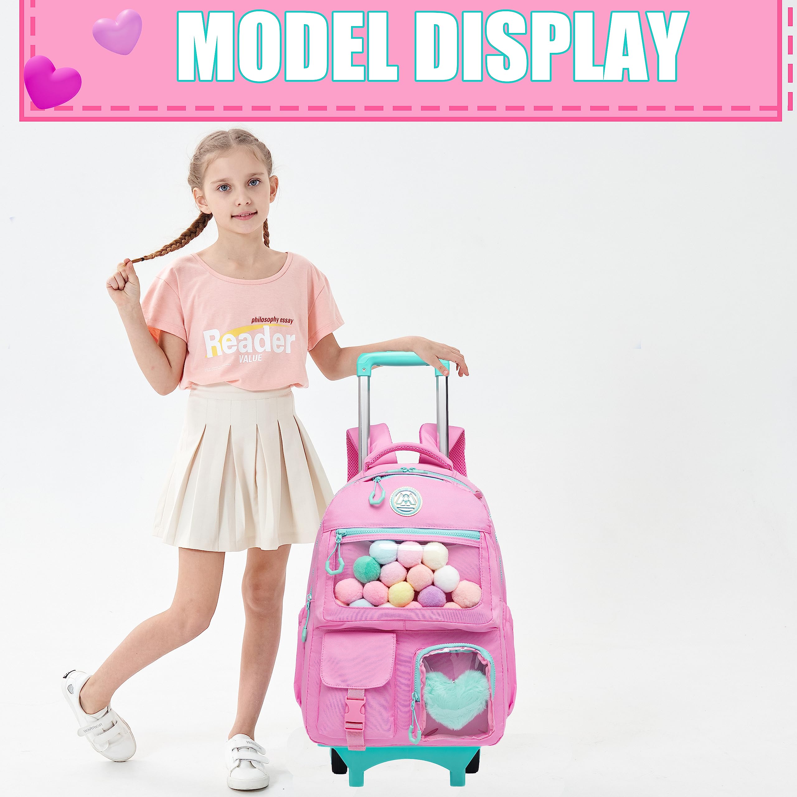 ZBAOGTW Rolling Backpack for Girls Kids Backpack with Wheels Backpacks for Elementary with Lunch Box Pencil Case Trolley Luggage