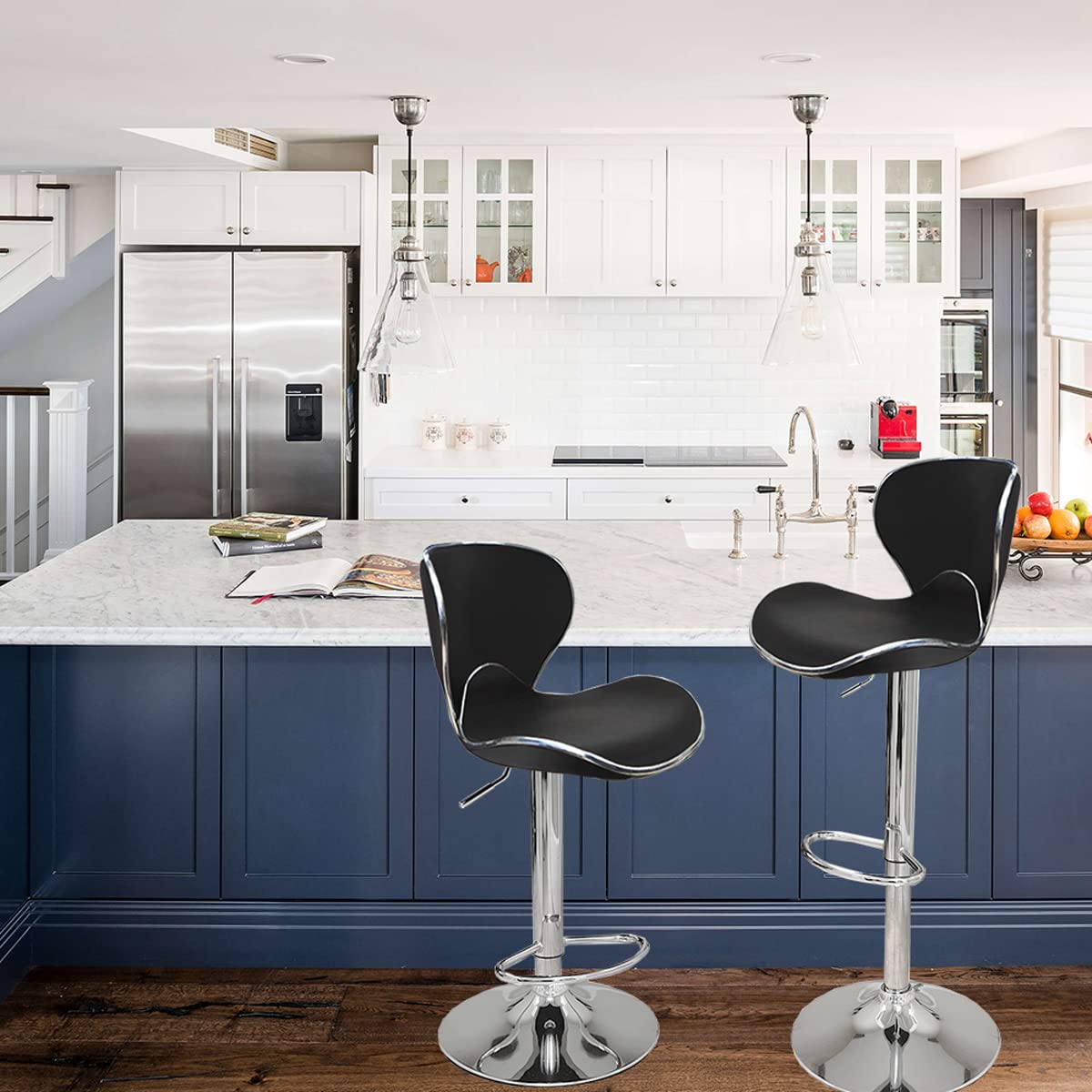 Set of 2 Height Adjustable Hydraulic PU Leather Bar Stool Pub Chair Kitchen Island Counter, with Backrest