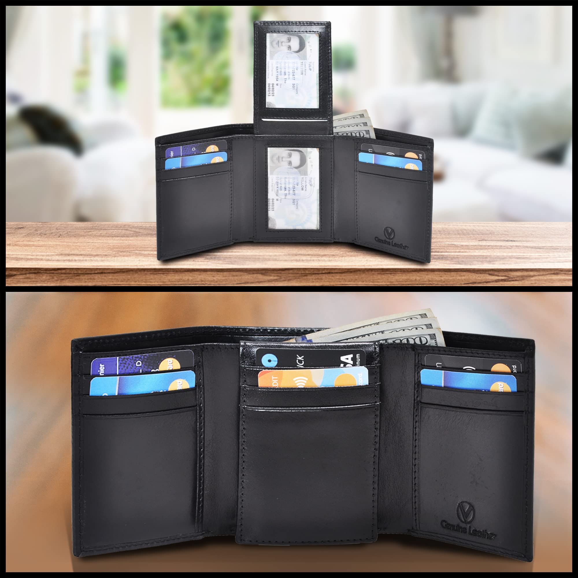 VALENCHI Leather Trifold Wallet For Men - RFID Blocking - 9 Card Slots, 2 Note Compartments & 1 ID Window - Minimalist Design, Slim Wallet - Premium, Fashionable Accessory Gifts for Men, Him