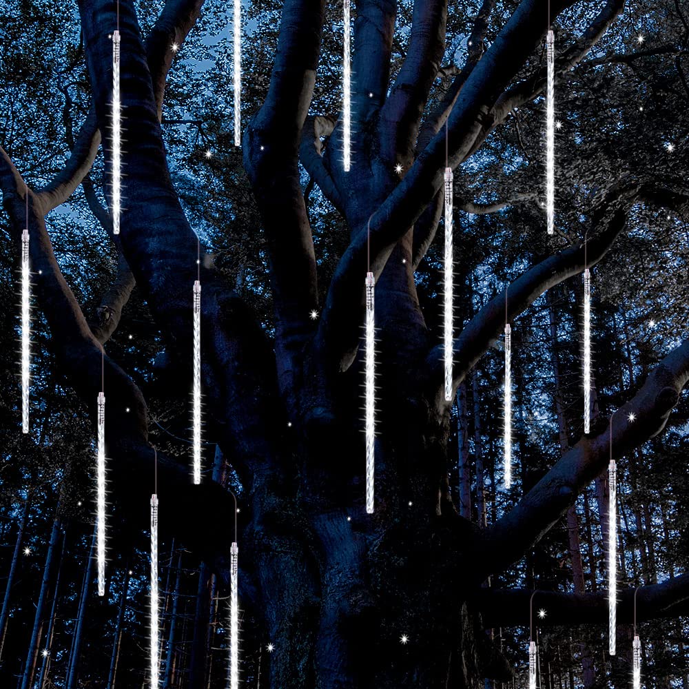 Vikdio Meteor Shower Rain Lights, 50cm 16 Spiral Tubes 864 LEDs 5.25m Lit Length Waterproof Snowfall LED Lights for Wedding Christmas Garden Tree Home Decor, Support 2 Sets Connected (Blue)