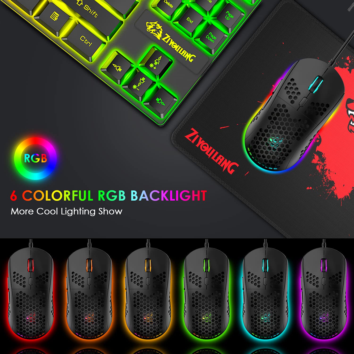 ZIYOU LANG T2Pro 75% Wired Mechanical Feel Keyboard and 6400 DPI Optical Mouse Combo,Compact Rainbow Backlit PC Gaming Keyboard,65g Lightweight Honeycomb Mouse &Pad for Gamer/Win/Mac/Laptop(Blue)