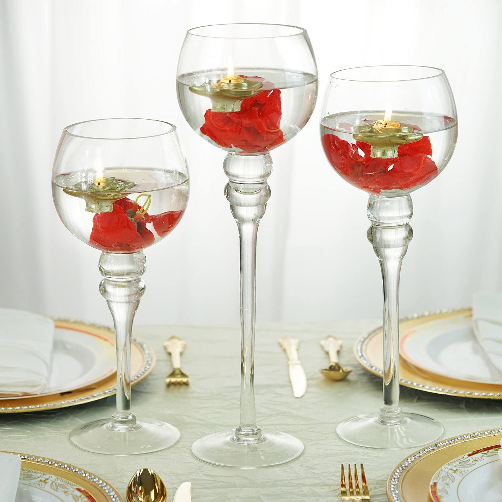 TABLECLOTHSFACTORY Set of 3 | Clear Long Stem Globe Glass Vase Tabletop Candle Holders Wedding Party Centerpiece Decoration