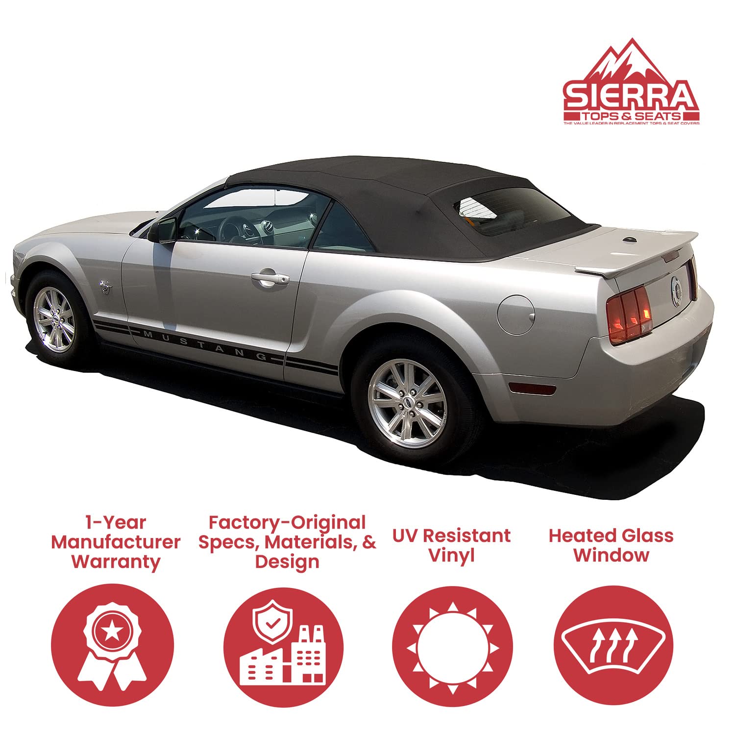 Sierra Auto Tops Replacement Convertible Soft Top Fits 2005-2014 Ford Mustang GT, Shelby, GT500 Models. Premium Grade Sailcloth Vinyl, UV Resistant, Precision Fit, 1-Year Manufacturer Warranty β Black