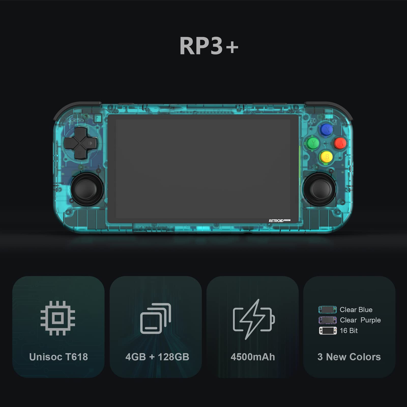 Retroid Pocket 3 Plus Retro Game Handheld Console, Retroid Pocket 3 Plus Android Retro Game Console Multiple Emulators Console Handheld 4.7 Inch 16:9 Display 4500mAh Battery Classic Games (Clear Blue)