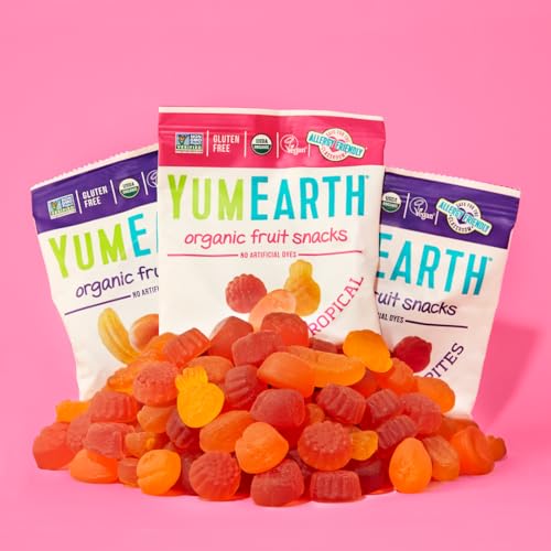 YumEarth Organic Tropical Fruit Snacks - Fruit Gummies Snack Packs, Gluten Free Snacks for Kids - Allergy Friendly, Non-GMO, Vegan, No Artificial Flavors or Dyes - 0.7 oz. (Pack of 35)