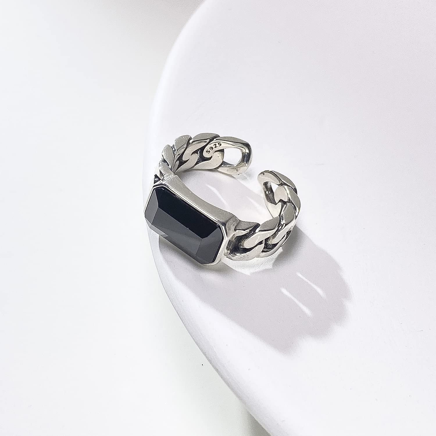 VIENNOIS 925 sterling silver with Cut Black Gem Spinel Adjustable Statement Open Ring
