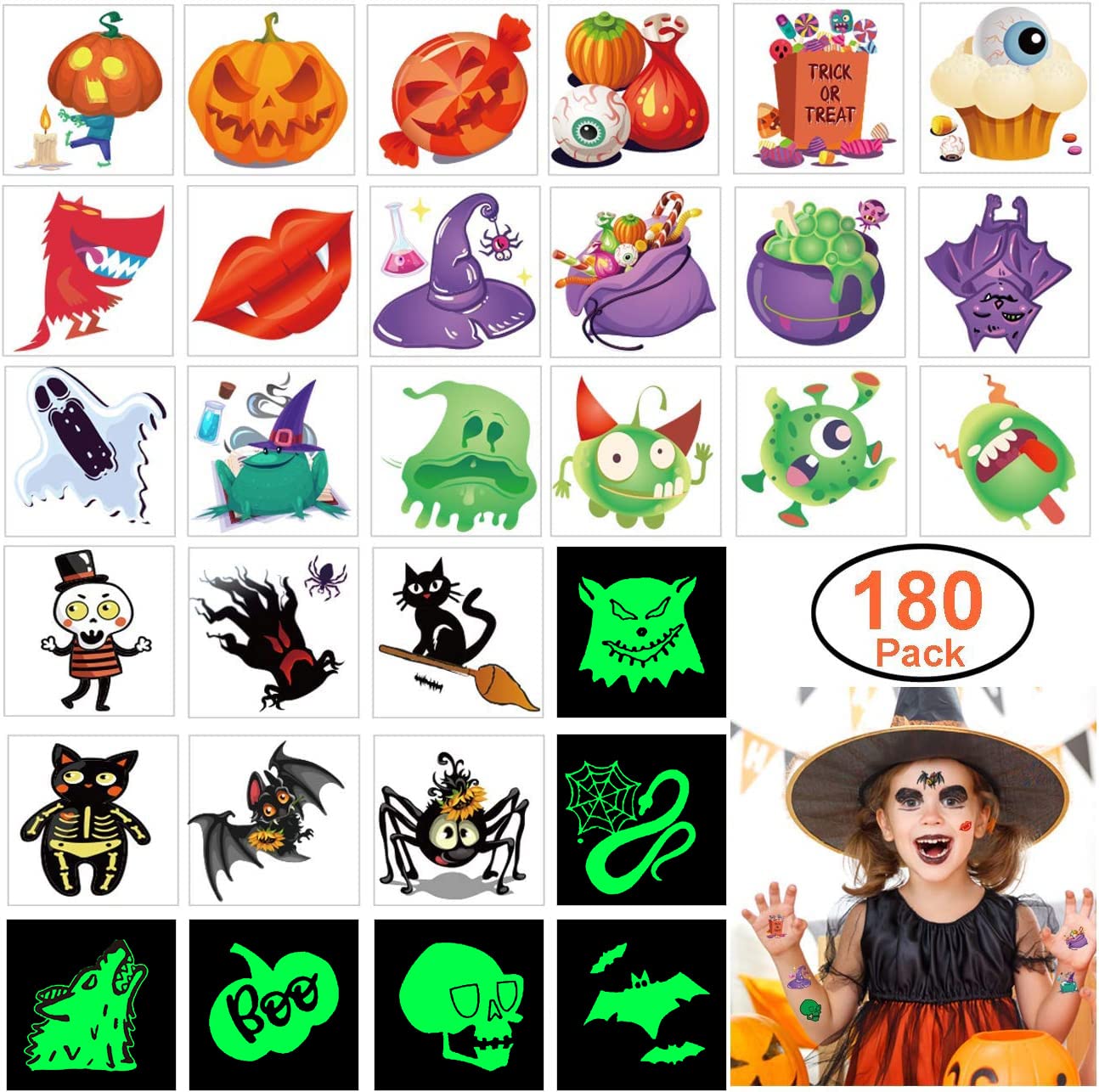 WAVEJOE 180pcs Assorted Halloween Tattoos, 30 Designs Including 36 Glow in The Night Children Tattoos Halloween Trick or Treat Ghost Monster Pumpkin Tattoos
