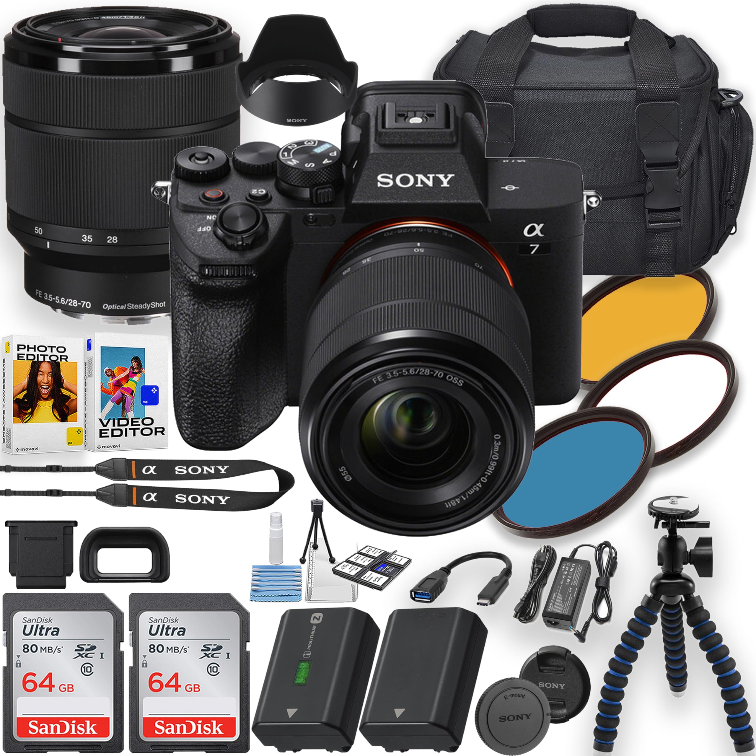 Sony a7 IV Mirrorless Camera with Sony FE 28-70mm f/3.5-5.6 OSS Lens + 2pc 64GB Memory Cards + Photo and Video Editor + Filters + Tripod + Case & More (Renewed)