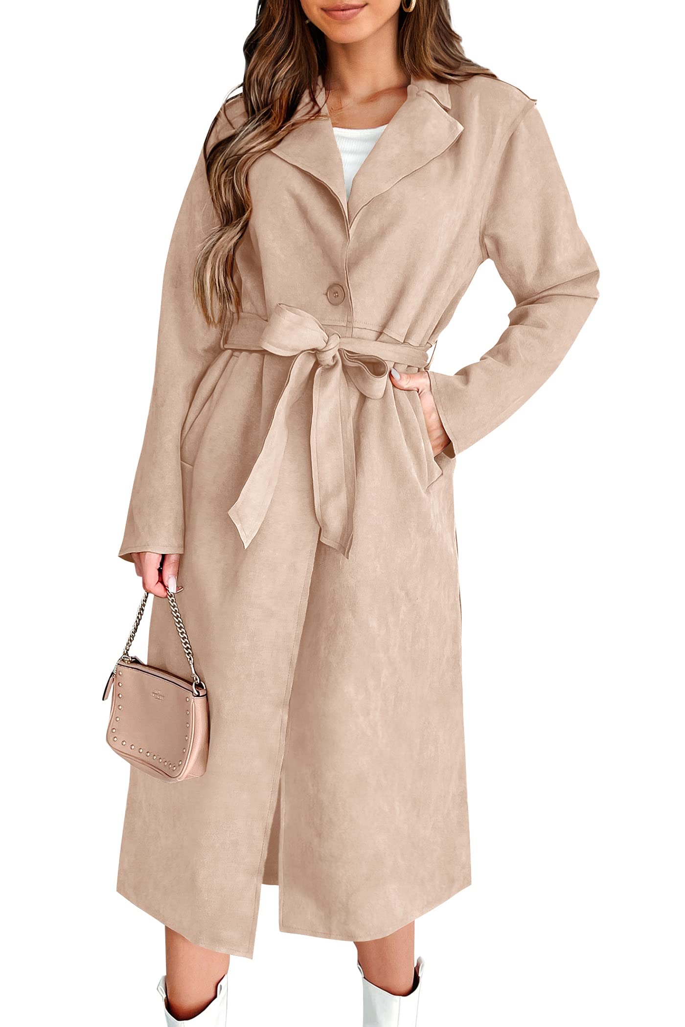 PRETTYGARDEN Women's Fall Fashion Overcoat Faux Suede Shacket Jacket Lapel Belted Long Winter Trench Coats (Beige,Small)