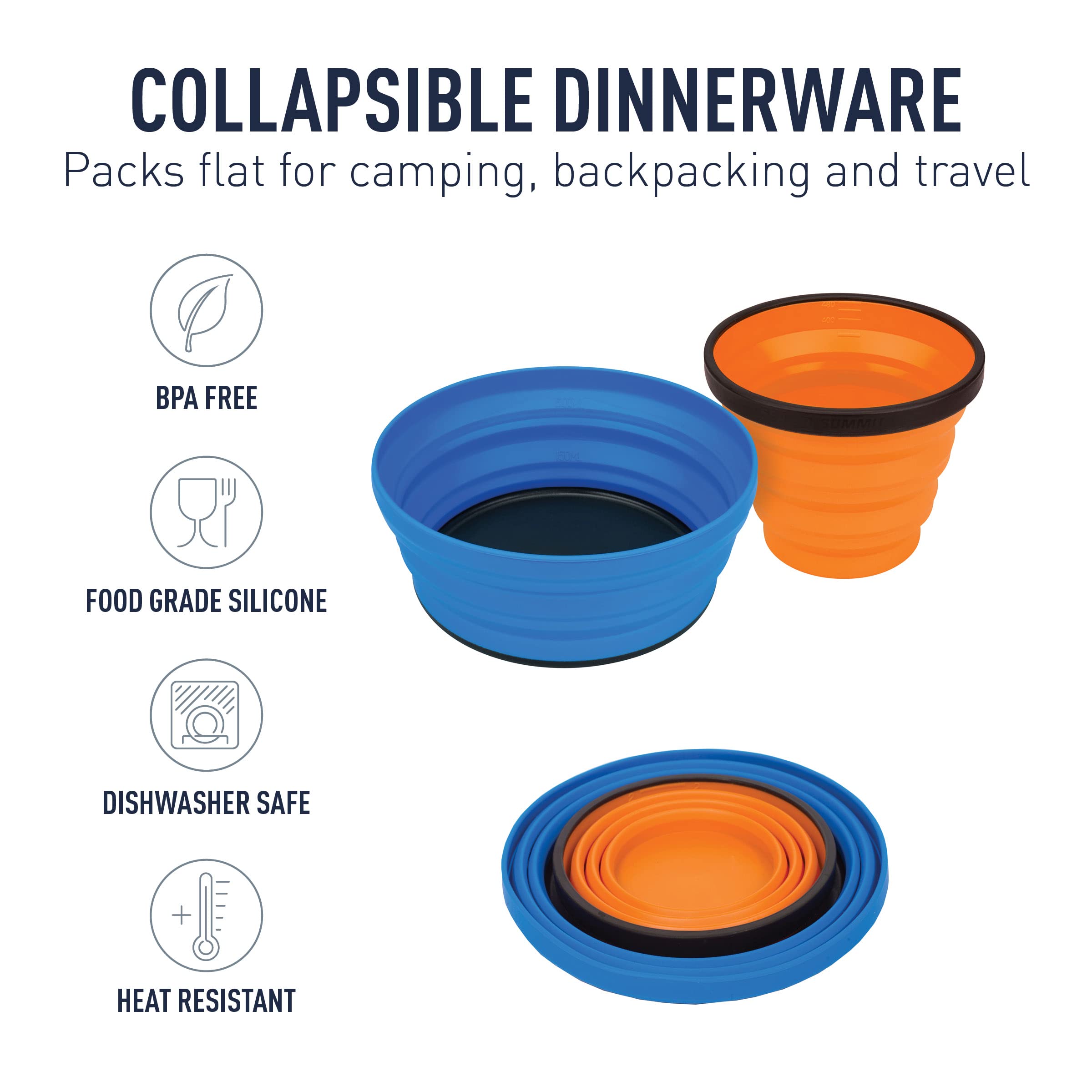 Sea to Summit X-Set Collapsible Camping Dinnerware Set with Zippered Pouch, 2pc (Mug & Bowl), Royal Blue/Orange