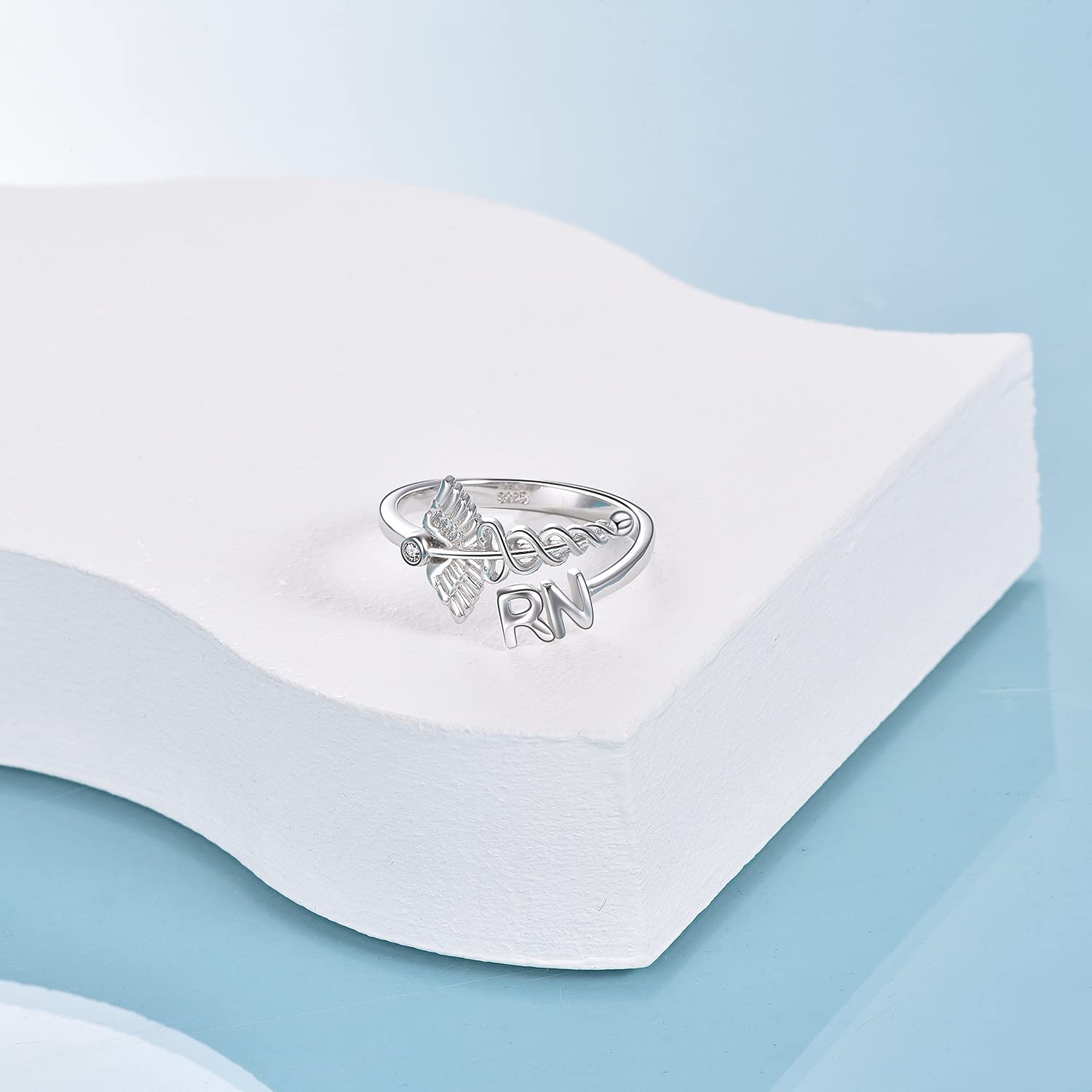 YFN S925 Sterling Silver Caduceus Rings RN Nurse Gift Adjustable Rings for Graduation Nursing Themed Jewelry