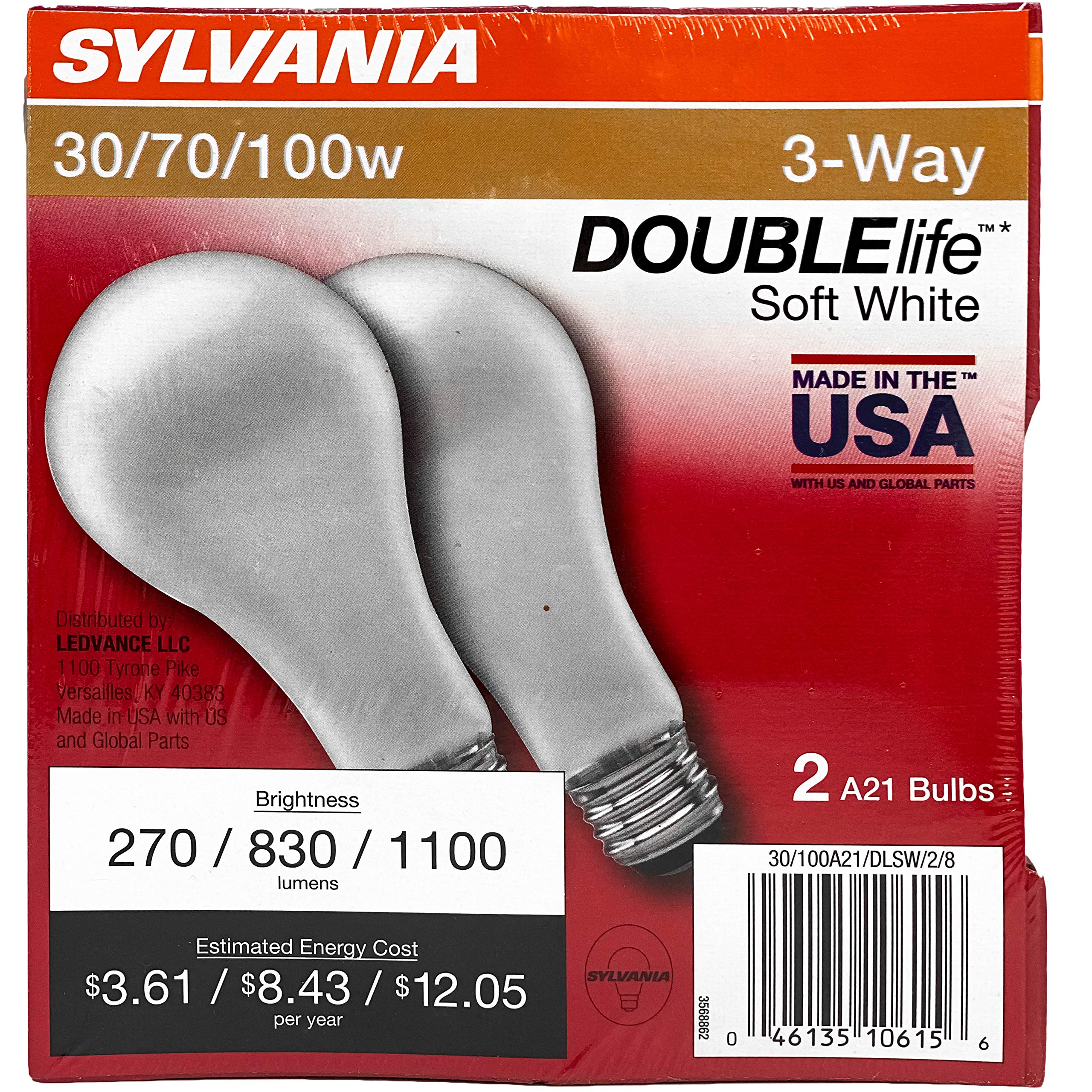 Sylvania Home Lighting 3-Way Bulb, A21-30W/70W/100W-2850K, Double Life, Soft White Finish, Medium Base, 8 Bulbs