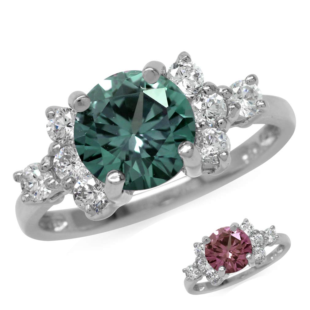 Silvershake Round Shape Simulated Color Change Alexandrite and White Cubic Zirconia 925 Sterling Silver Ring Size 7