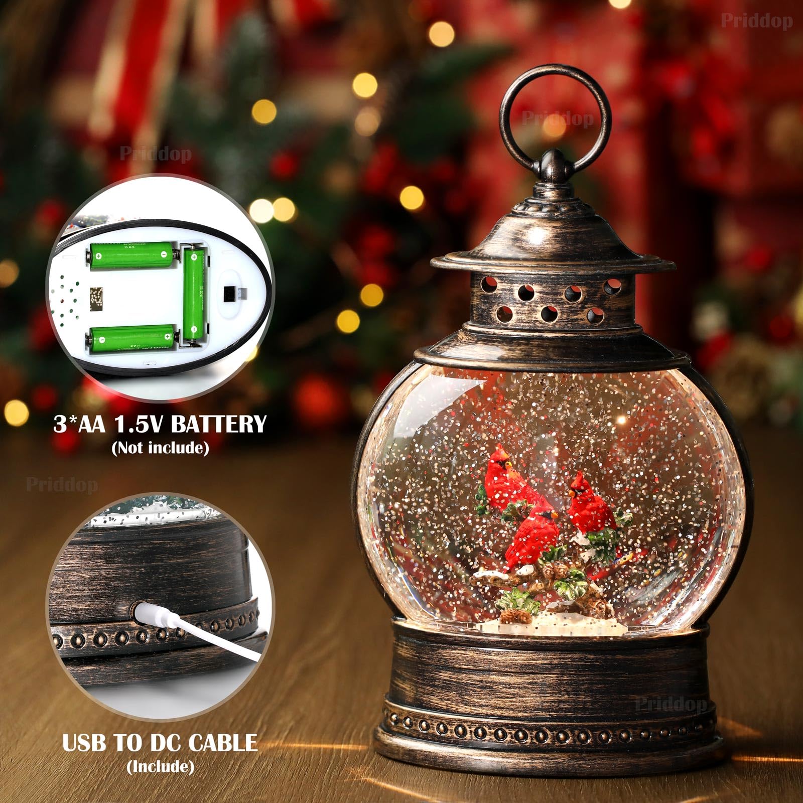 Priddop Cardinal Snow Globe 12 Inch Christmas Snow Globe Lantern with Timer & Music, USB & Battery Powered Christmas Decorations Indoor Cardinal Decor (2023 Upgraded Larger)