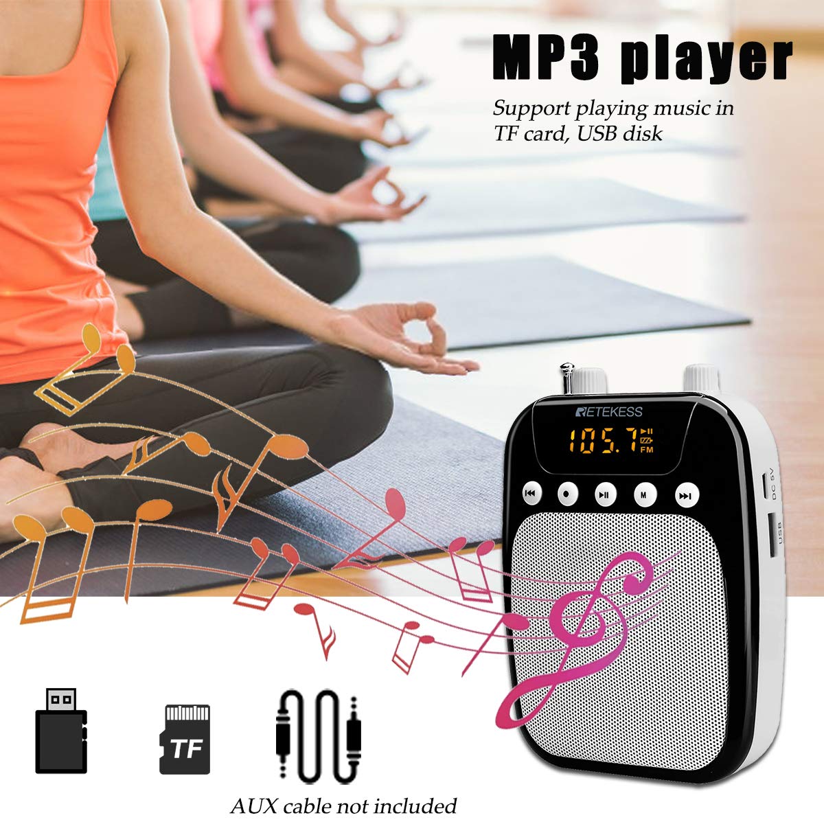 Retekess TR623 Voice Amplifier Microphone Headset, Portable PA System Speaker, Portable Voice Amplifier with Recording, AUX, FM Radio for Teachers, Singing, Coaches, Training, Tour Guide