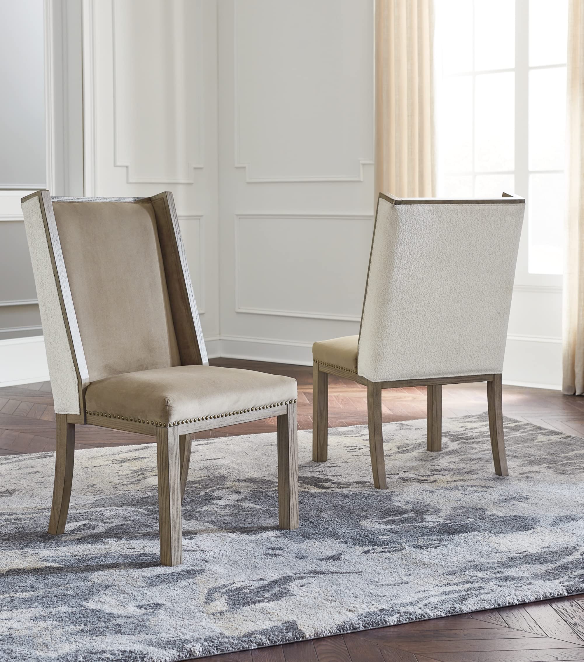 Signature Design by Ashley Chrestner 19.38" Modern Upholstered Dining Side Chair with Nailheads, 2 Count, White & Light Brown