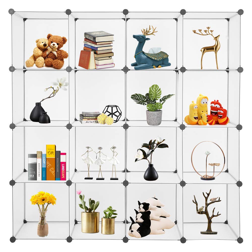 VINGLI 16 Cube Storage, Cubes Organizer Shelves Plastic Closet Cabinet, DIY Modular Book Shelf Storage Cube Organizer w/Hammer for Bedroom Living Room Office - Translucent White