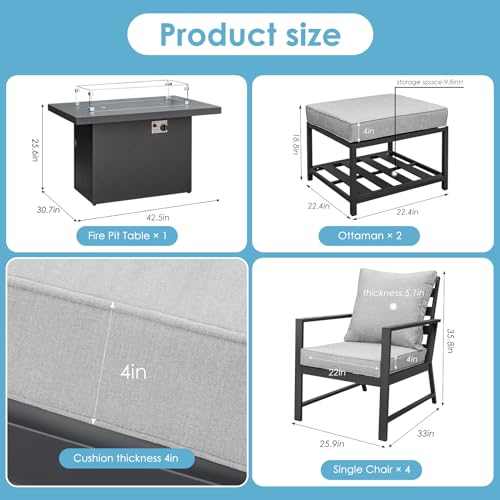 RADIATA 7 Piece High Back Aluminum Patio Furniture with Fire Pit Conversation Set with 43" Propane Fire Pit Table Outdoor Modern Luxury Sofa Set (Light Gray)