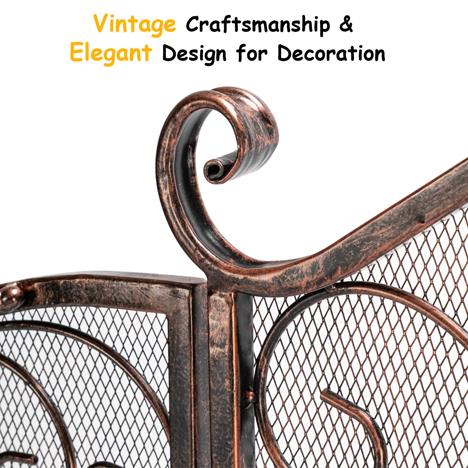 VINGLI 3-Panel Wrought Iron Fireplace Screen Flat, Rustic Decorative Scroll Spark Guard Cover, Baby Safe Proof Fire Place Fence (Reddish Brown