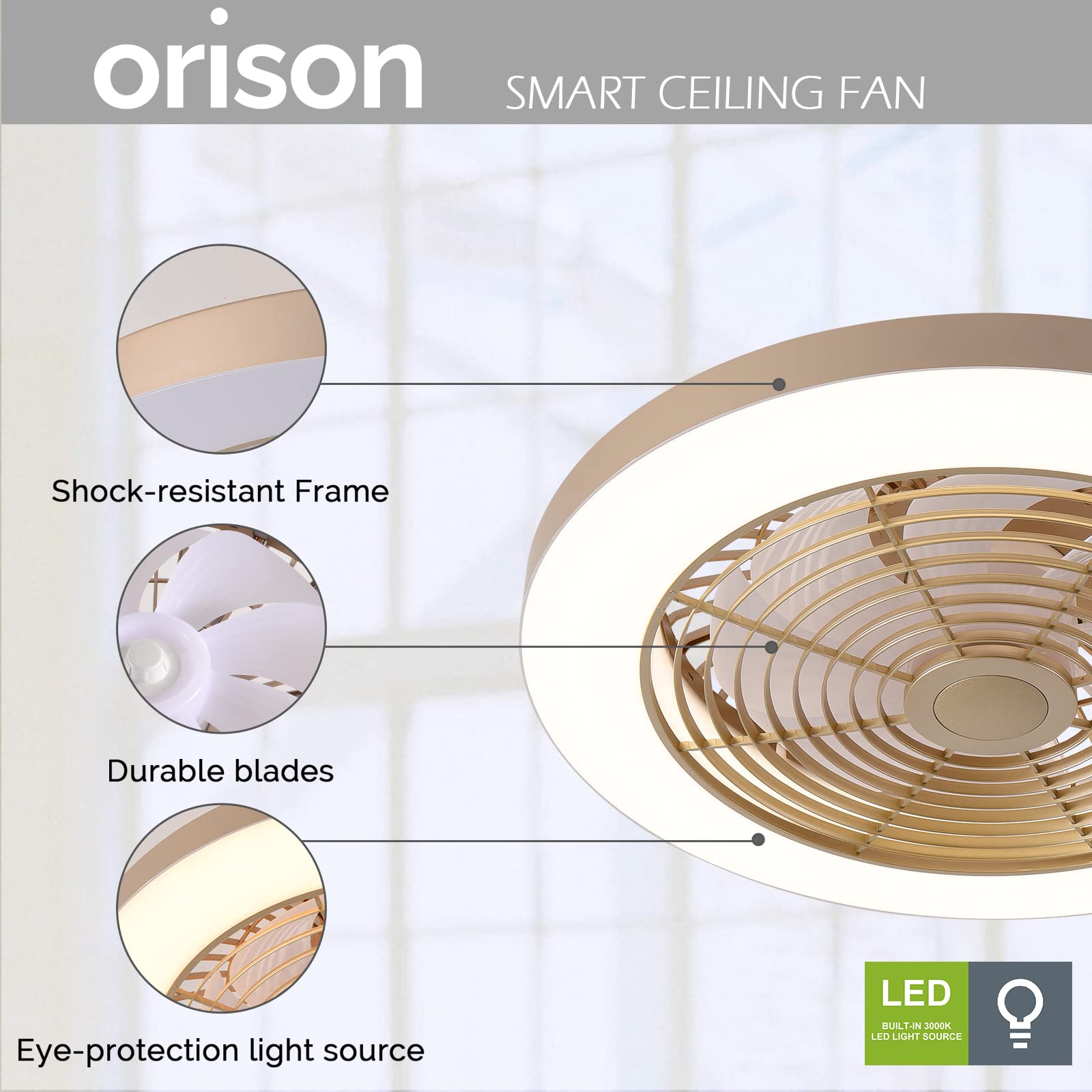 Orison Low Profile - 19.7" Smart Bladeless ceiling fans with Light and Remote,3 Colors Dimmable LED 6 Speeds 8 Blades Enclose for Adult Kids Living Room Bedroom