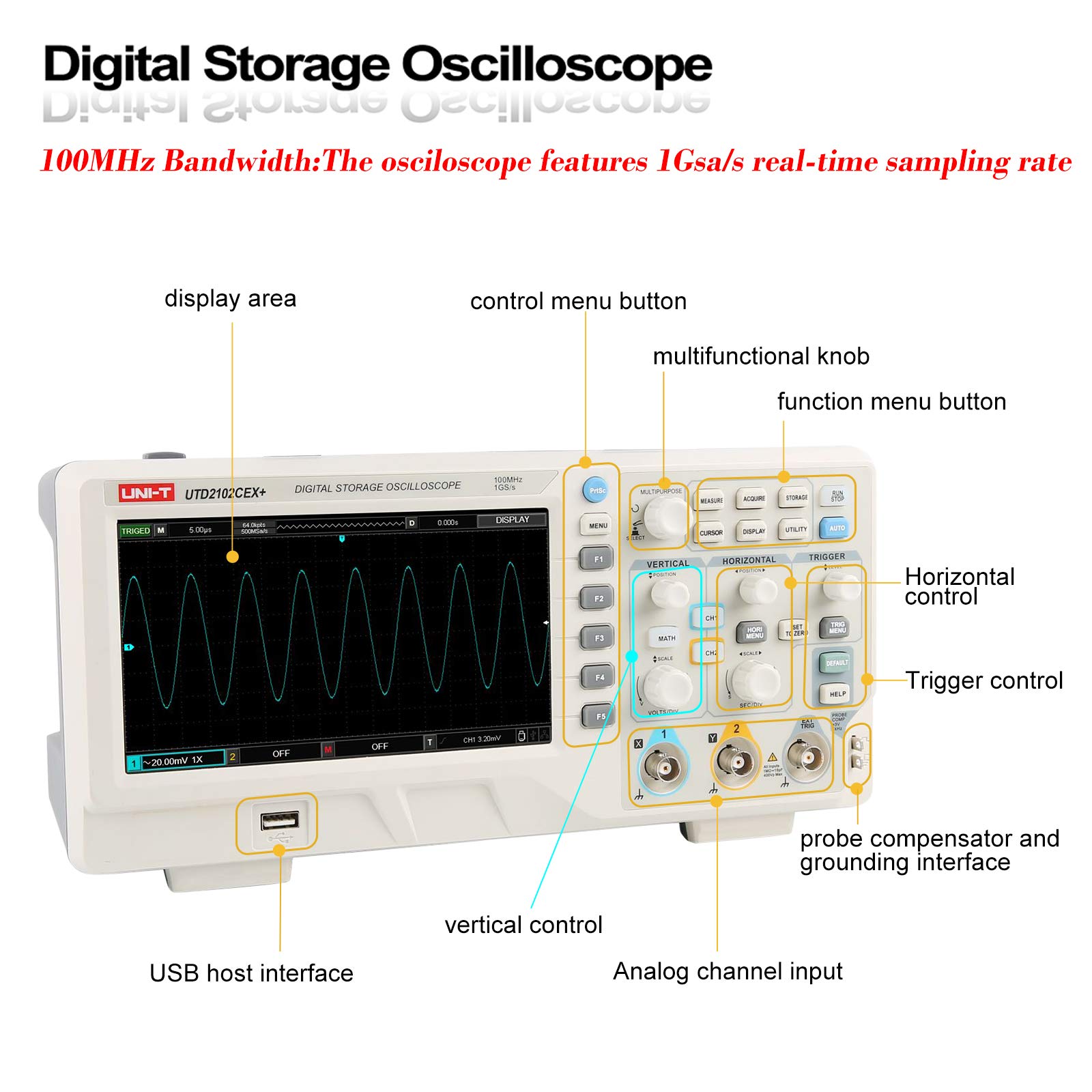 UNI-T UTD2102CEX+ High-Precision 100MHz Desktop Digital Storage Oscilloscope for Laboratory and Electronic Repair Waveform Tester