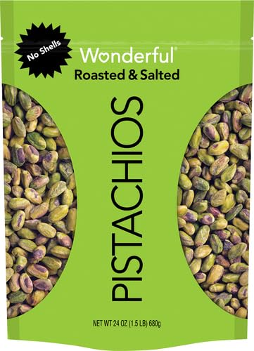 Wonderful Pistachios, No Shells, Roasted & Salted Nuts, 24 Ounce Resealable Bag, Good Source of Protein, Gluten Free, On the Go Snack