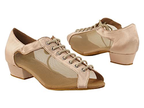 Very Fine Dancesport Shoes - Ladies Salsa, Latin Ballroom Practice Dance Shoes - 1643FT - 1 inch Flat Heel & Canvas Shoe Bag (Flesh Satin & Flesh Mesh, Size 6.5)
