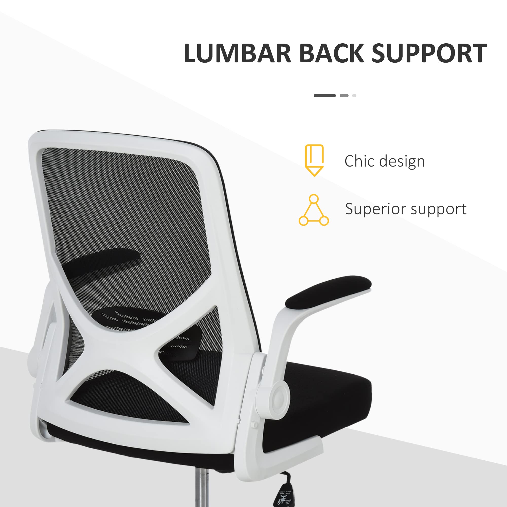 Vinsetto Ergonomic Mesh Office Chair Rocking Swivel Computer Task Desk Chair with Folding Backrest, Lumbar Support, Flip-up Arms and Adjustable Height, Black