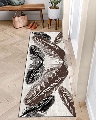 Runner Carpet for Hallway Non Slip 1'7"x8' Grey Brown Black Feather Pattern Washable Door Mat Home Decor Area Rug for Kitchen Bedroom Entryway Living Customizable, 1'3"-4' Width