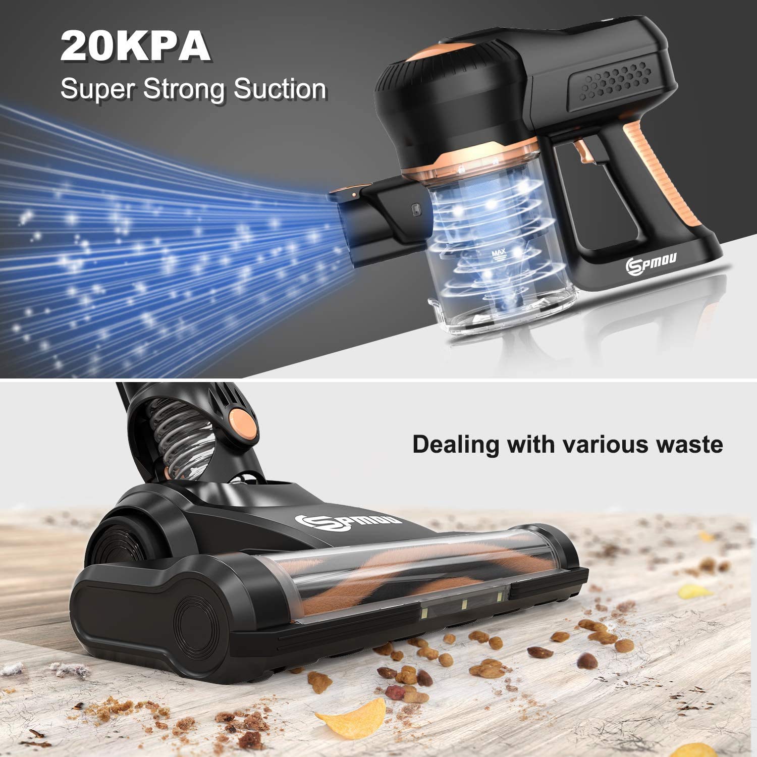 Spmou Cordless Vacuum 20Kpa Strong Suction 4 in 1 Stick Handheld Vacuum Cleaner for Home Hard Floor Carpet Car Pet, Lightweight, Grey