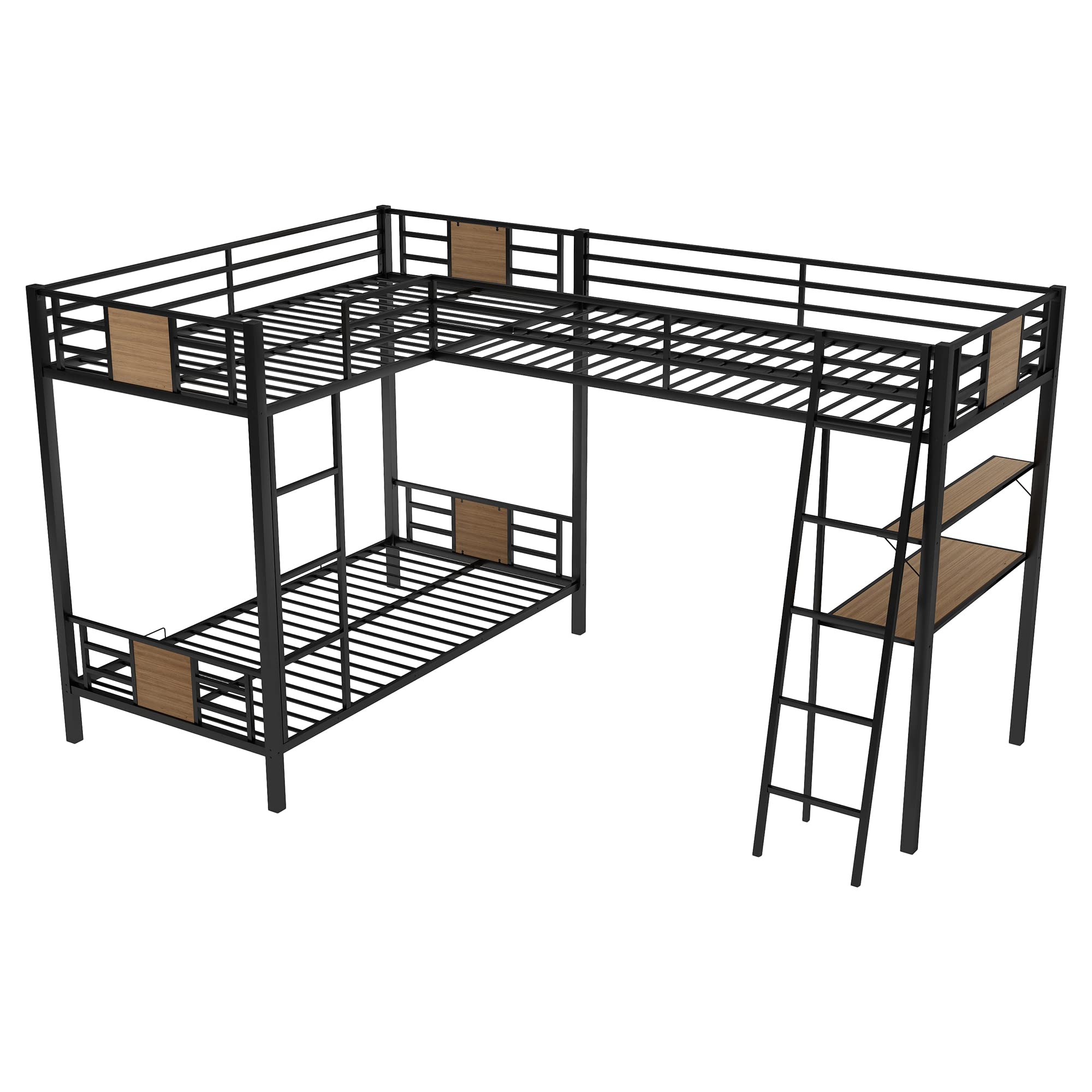 RUNWON Twin-Over-Twin Metal L-Shaped Triple Bunk Bed with a Twin Size Loft Bed and Desk and Shelf for Kids Teens