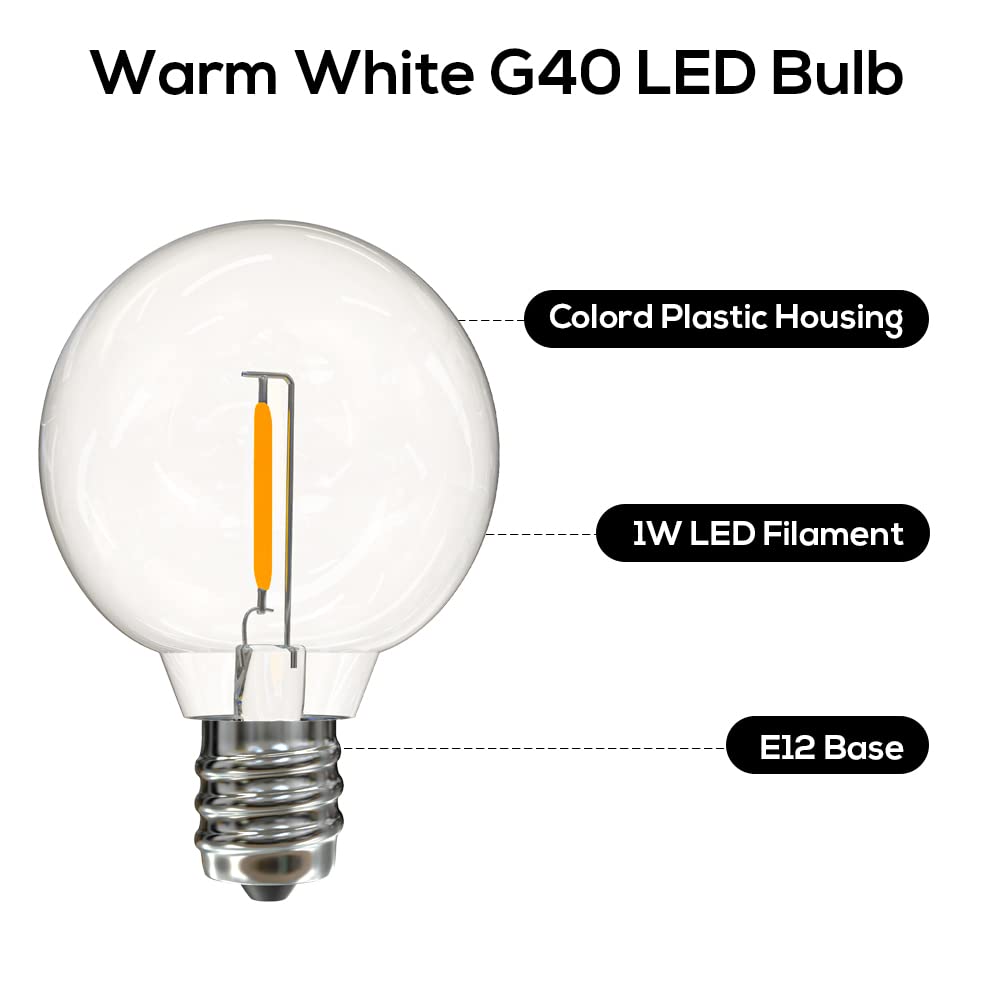 SUNTHIN 2 Pack G40 LED Bulbs, 1W LED Bulbs with E12 Base, 5 Watt Incandescent Bulbs Equivalent, Warm White 2700K, Replacement Bulbs for Globe String Lights, Indoor & Outdoor Use