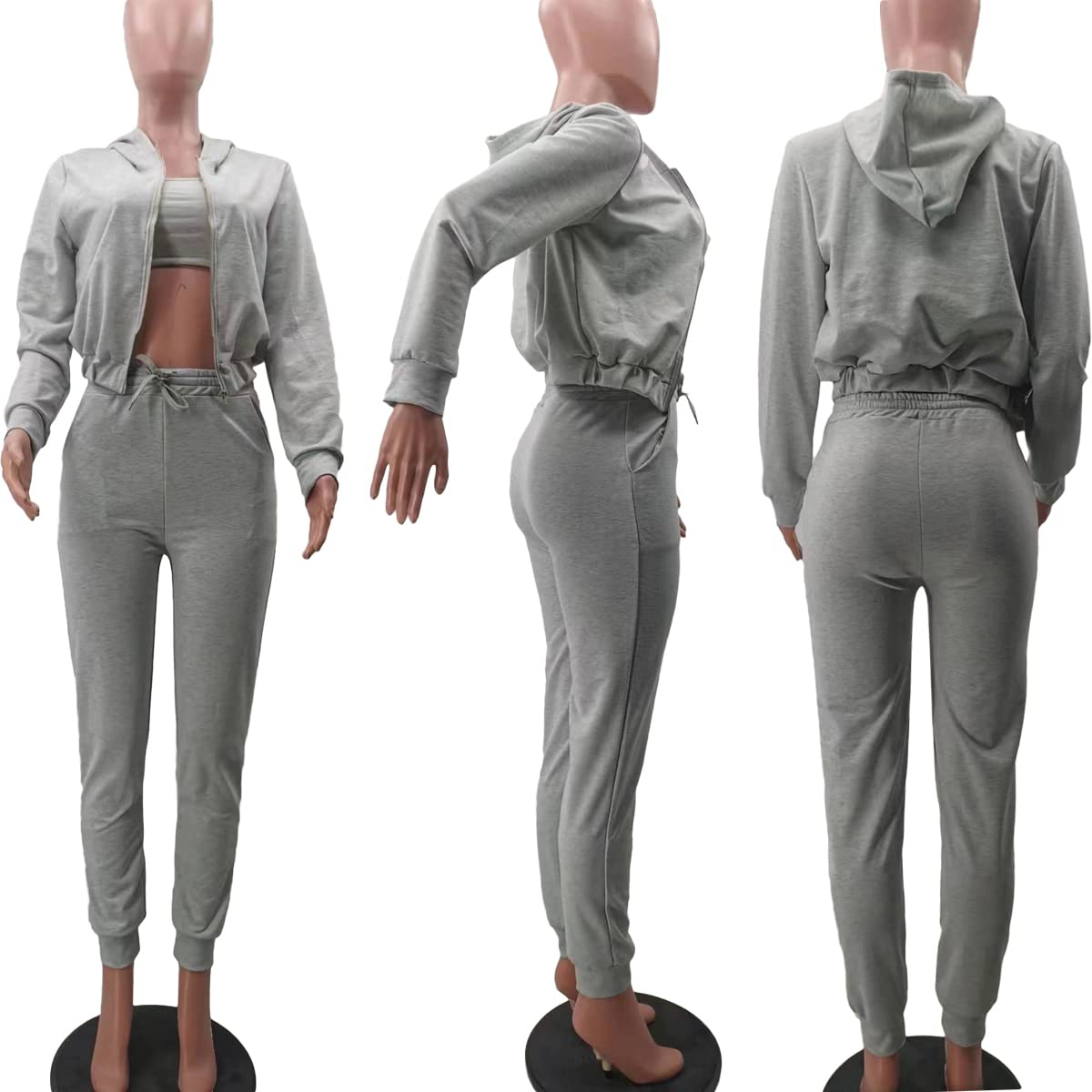 Womens Long Sleeves 3 piece Outfits Zip Up Jacket Crop Top + Tanks + Long Pants Sweatsuits Tracksuit Workout 2 Piece Set