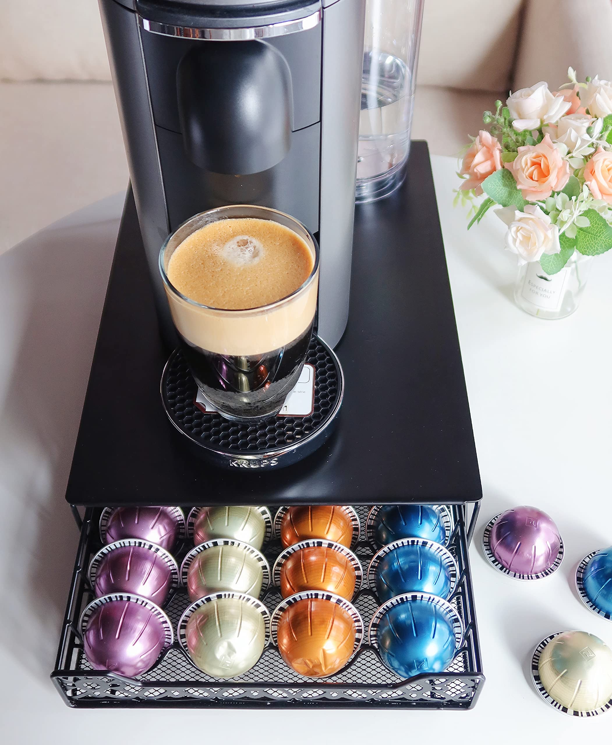 RECAPS Coffee Pod Holder Pod Drawer Storage Pods Holder Coffee Capsules Kitchen Organizer Compatible with Vertuoline Vertuo Stores 40 Capsules Black Color