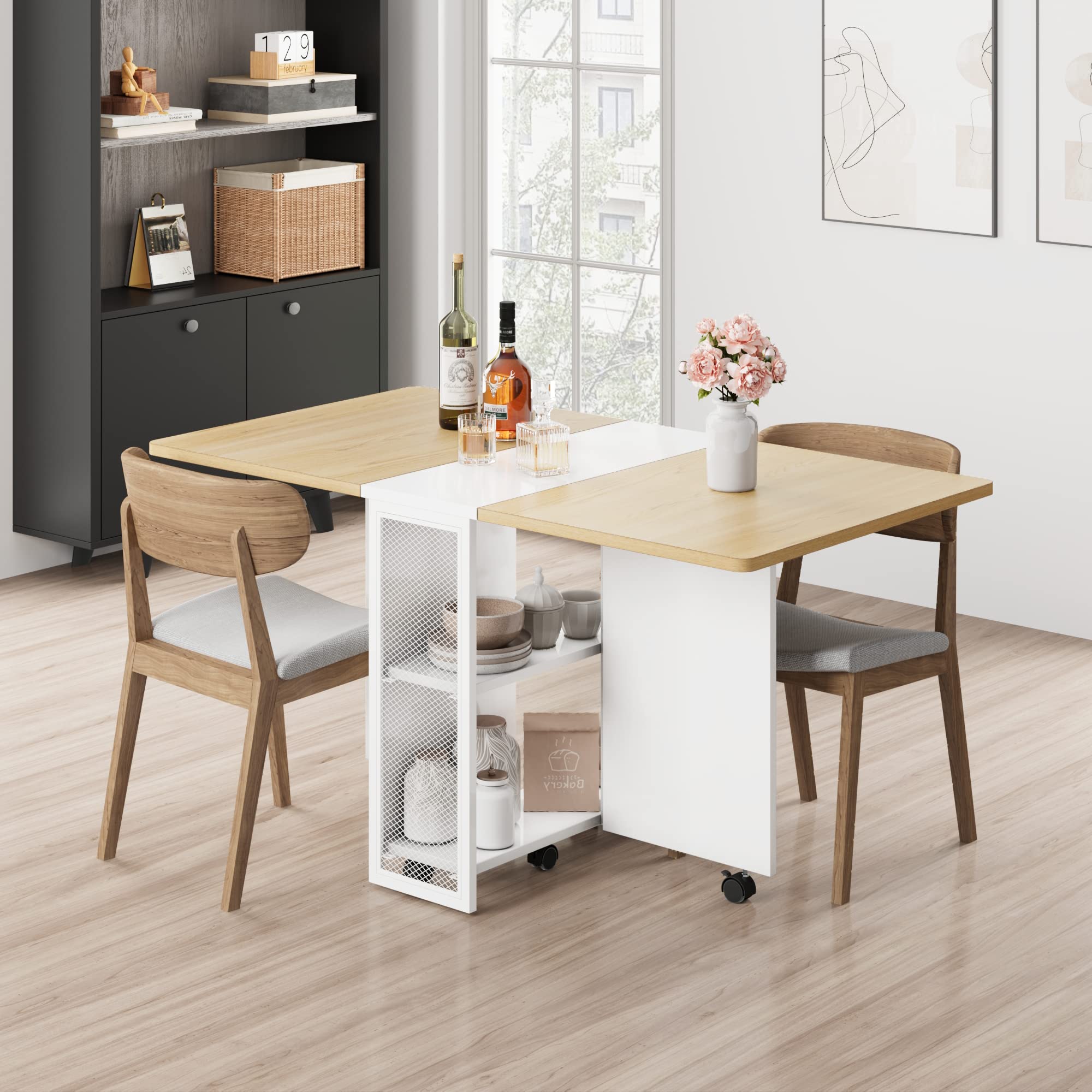 Space Saving Folding Dining Table with 2 Tier Storage-Extendable Drop Leaf Farmhouse Wood Kitchen Dining Room Tables Set for 4, Collapsible Expandable Rectangle Dinner Kitchen Office Furniture