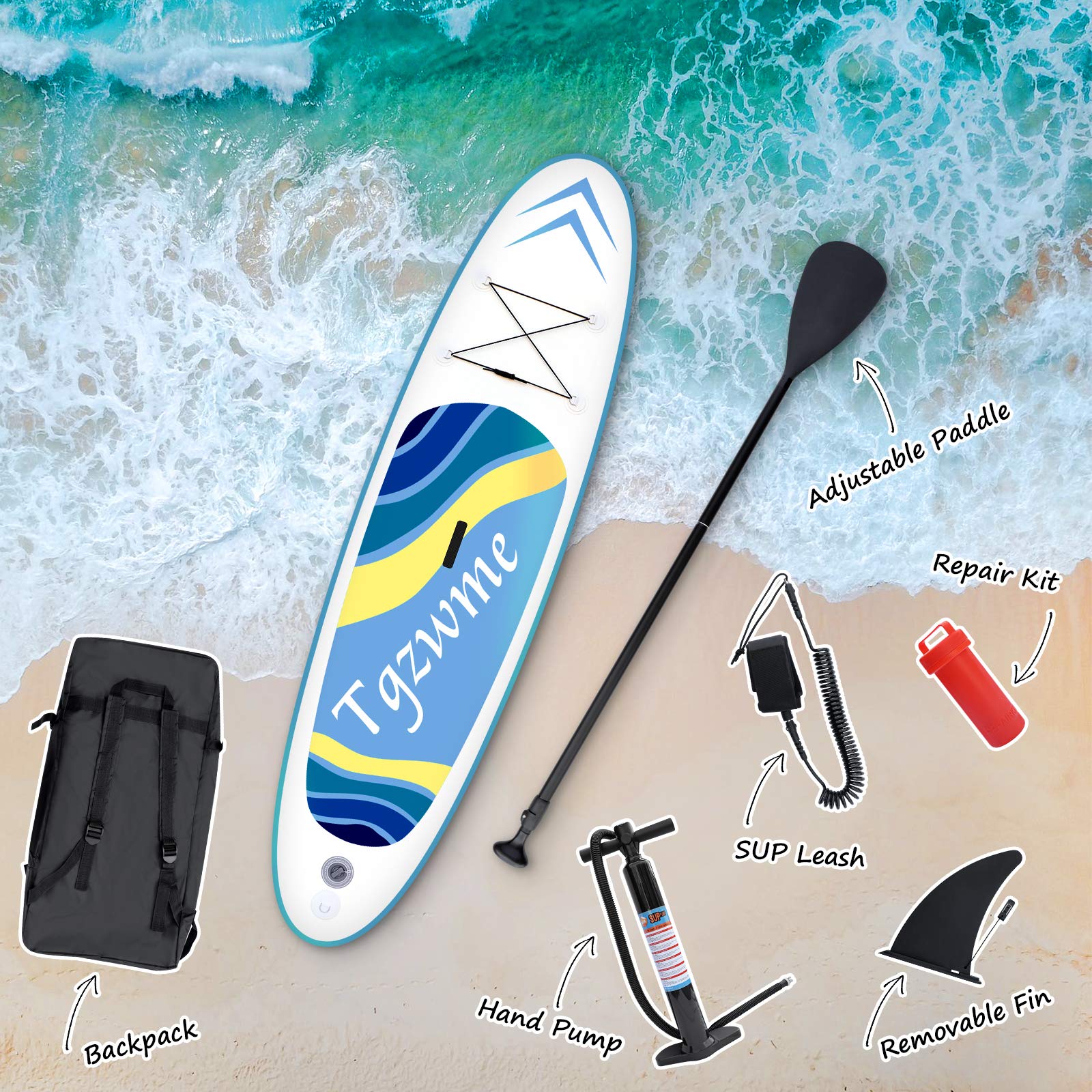 Tgzwme Paddle Board,10'×30"×6" Inflatable Stand Up Paddle Board for Adults with Adjustable Paddle,3 Fins, Leash, Hand Pump, Backpack