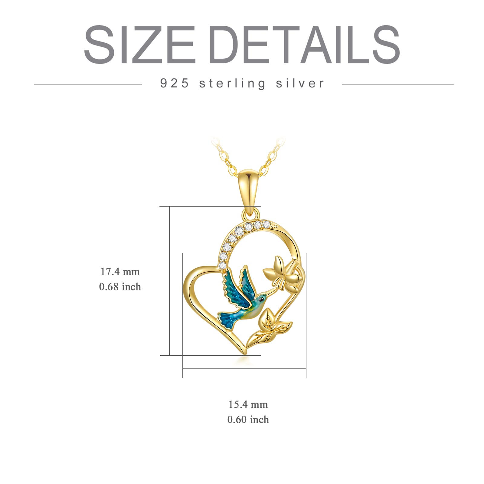 YDD 14K Solid Gold Hummingbird Necklaces for Women Gold Hummingbird Heart Pendant Bird Necklace 16''-18"