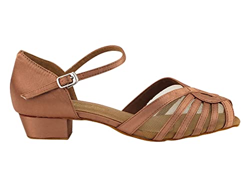 Very Fine Dancesport Shoes - Ladies' Salsa, Latin, Practice Ballroom Dance Shoes 2719FT 1-inch Flat Heel (Tan Satin & Flesh Mesh, Size 8.5)