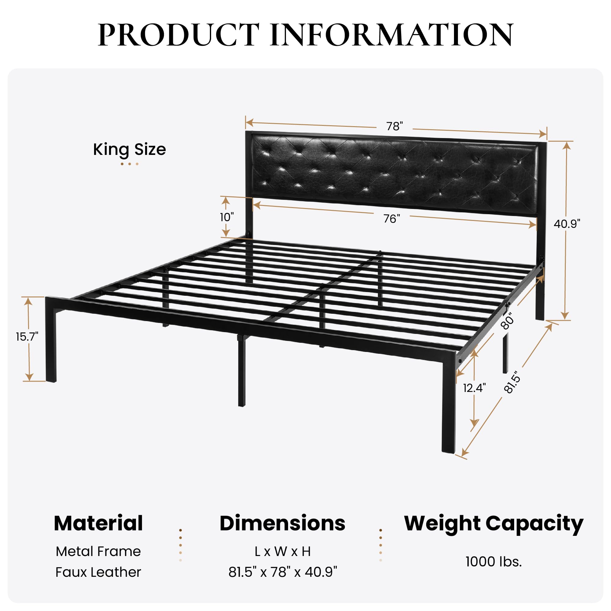 SHA CERLIN King Size Bed Frame, Metal Platform Bed with Faux Leather Upholstered Button Tufted Headboard, Mattress Foundation with 12.4” Storage, No Box Spring Needed, Easy Assembly, Black