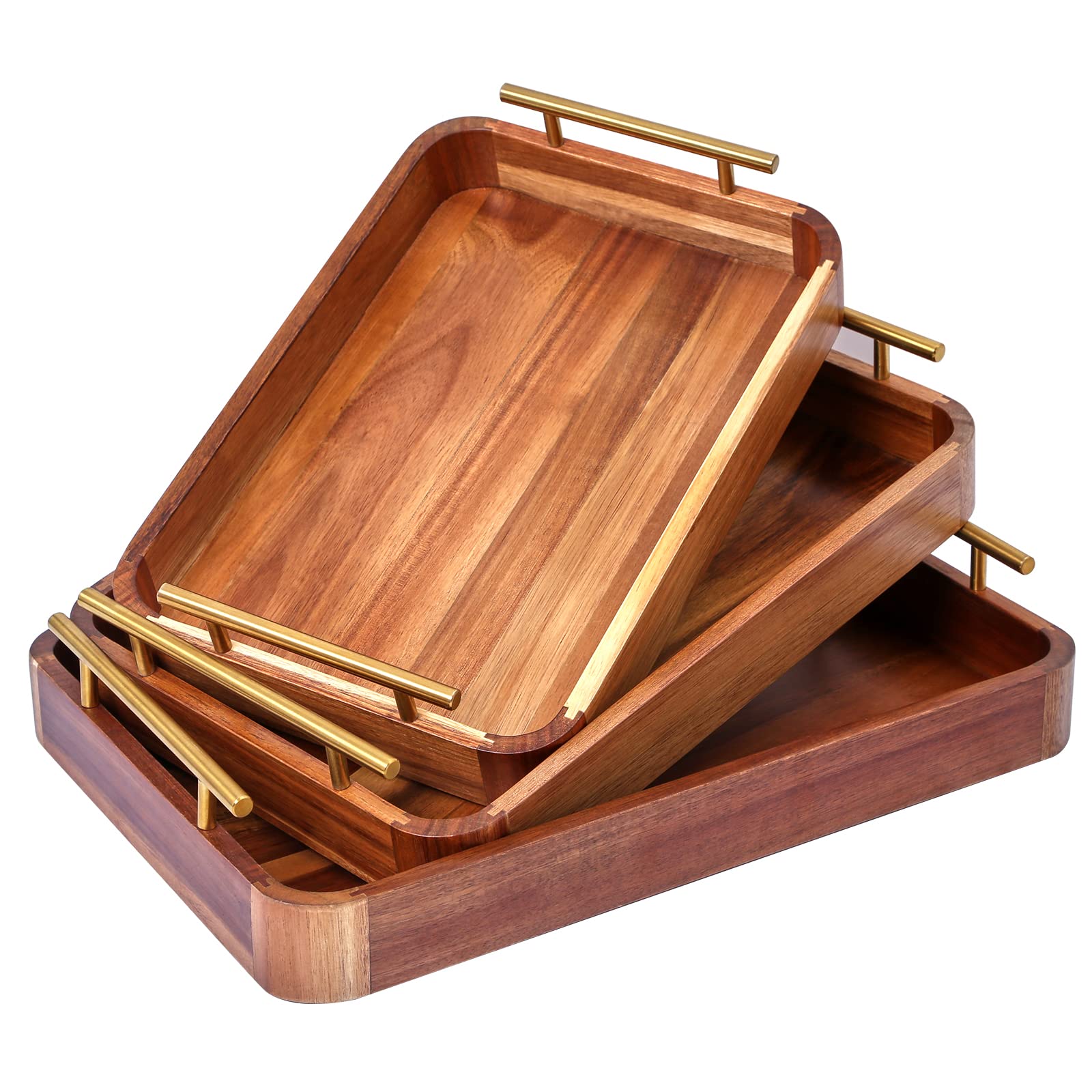 Wood Serving Tray with Handles,Decorative Tray Set of 3 with Nesting Stacking Design,Rustic Ottoman Tray for Kitchen Counter/Coffee Table/Living Room Decor,Versatile Tray for Party Picnic Barbecue
