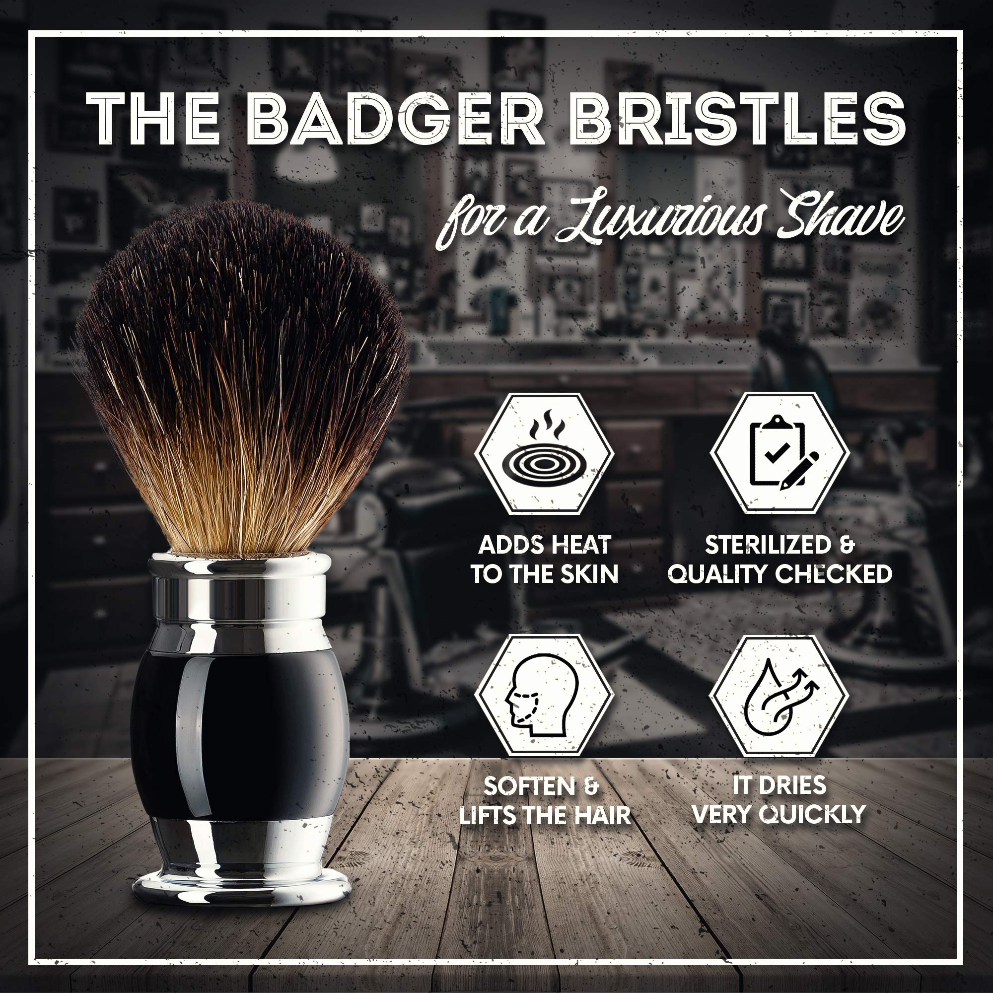 Shaving Brush Set - Professional Shaving Brush with 100% Pure Badger Bristles -Black Resin Handle - Solid Chrome Shaving Brush Stand for Wet Shave