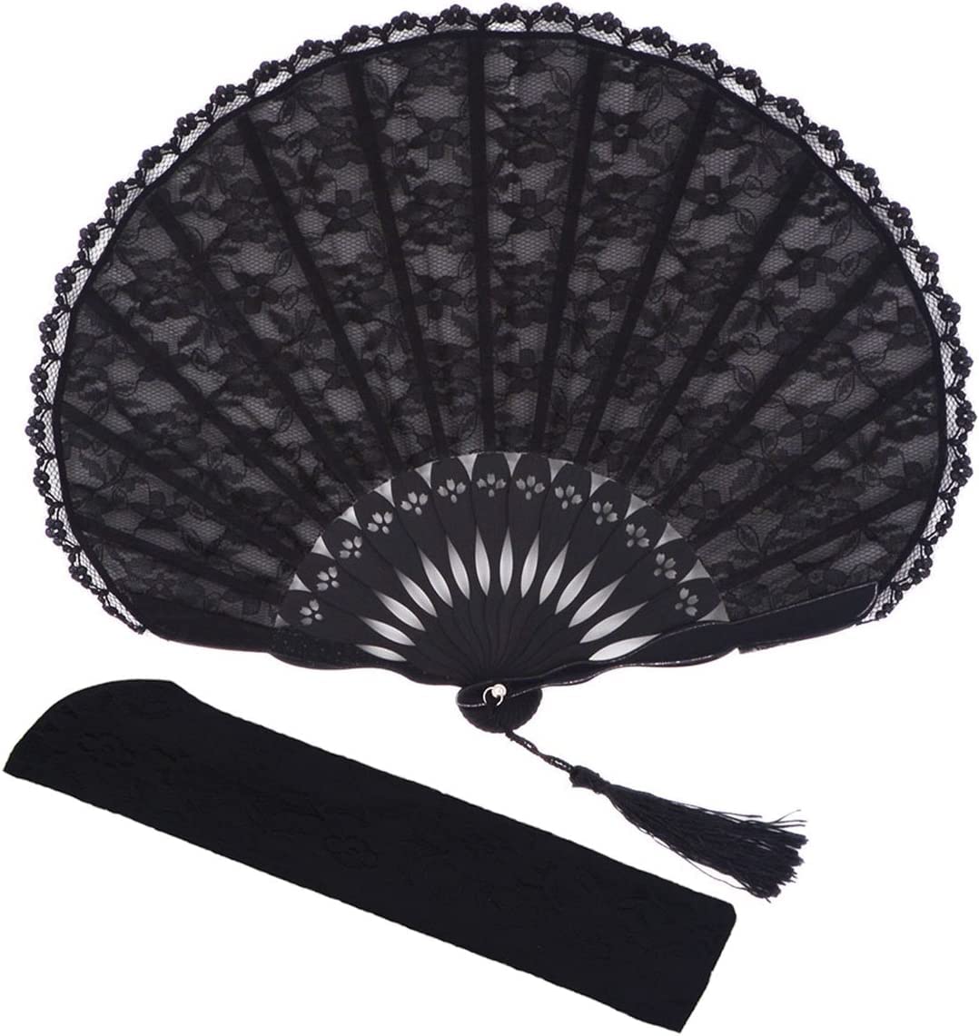 Womens Multi Color Handmade Cotton Lace Folding Hand Fan (Black-A) (Black-a)