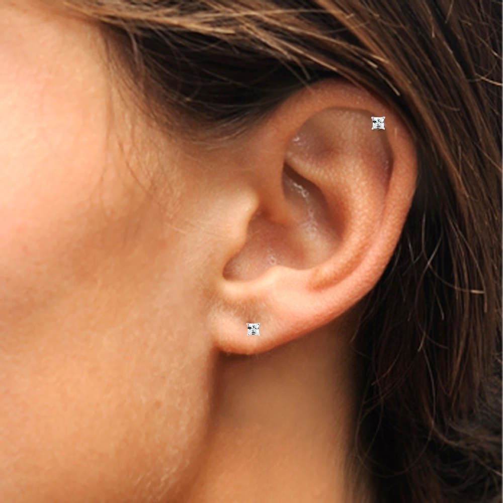 Tiny Small Stud Earrings Set Sterling Silver Princess-Cut Square Tiny Cubic Zirconia 2mm CZ Earring for WoMen Men, Set of 3 Pairs for Multiple Piercings
